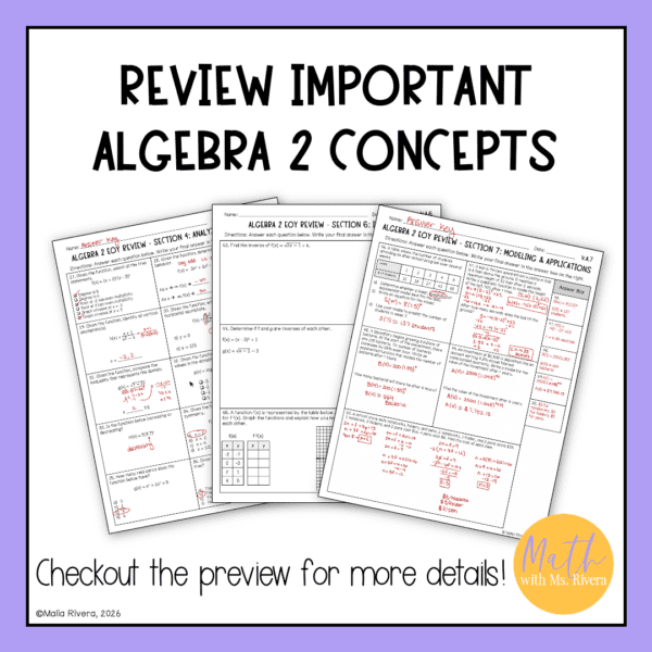Algebra 2 Review End of Year Test Prep Packet for Final Exam & State ...